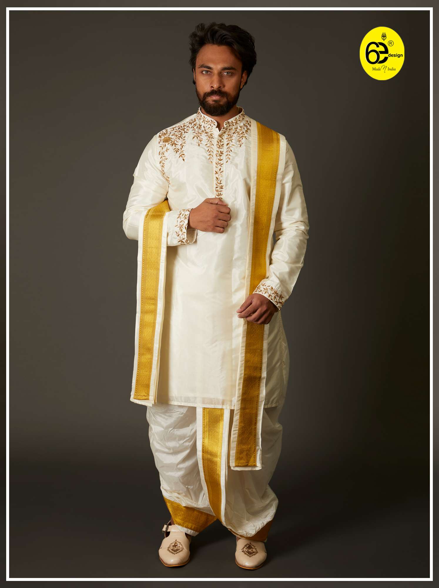 Cream Pattu Pancha Perfection: Tailored Set for Men's Wear