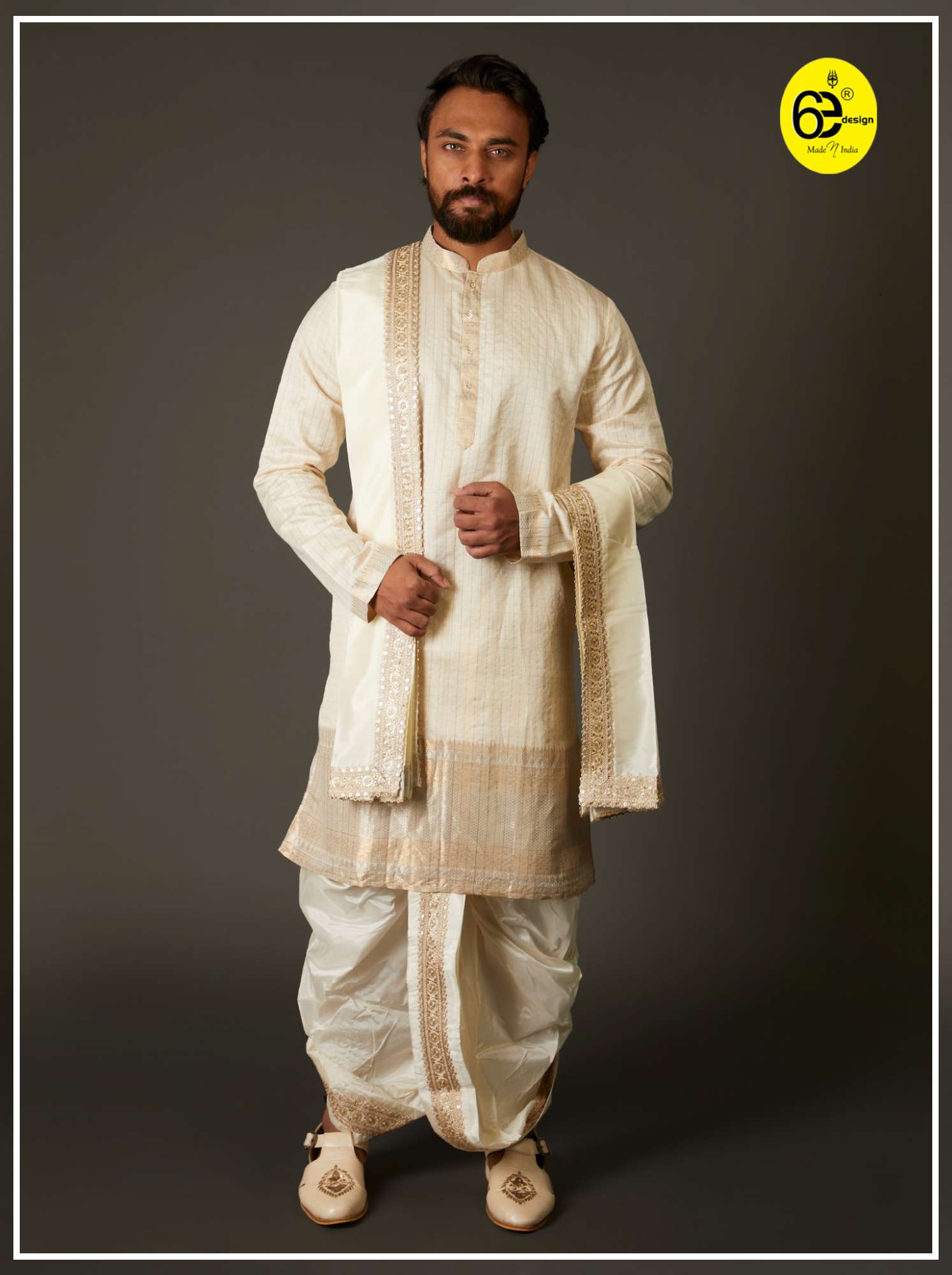 Cream Pattu Pancha Set for Groom | 6E Design Exclusive Wear